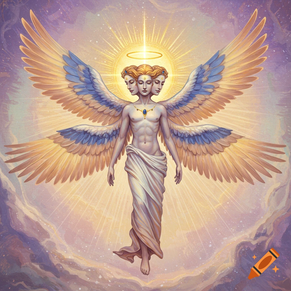 A multi-headed, multi-winged angelic figure with a halo floats in a ...