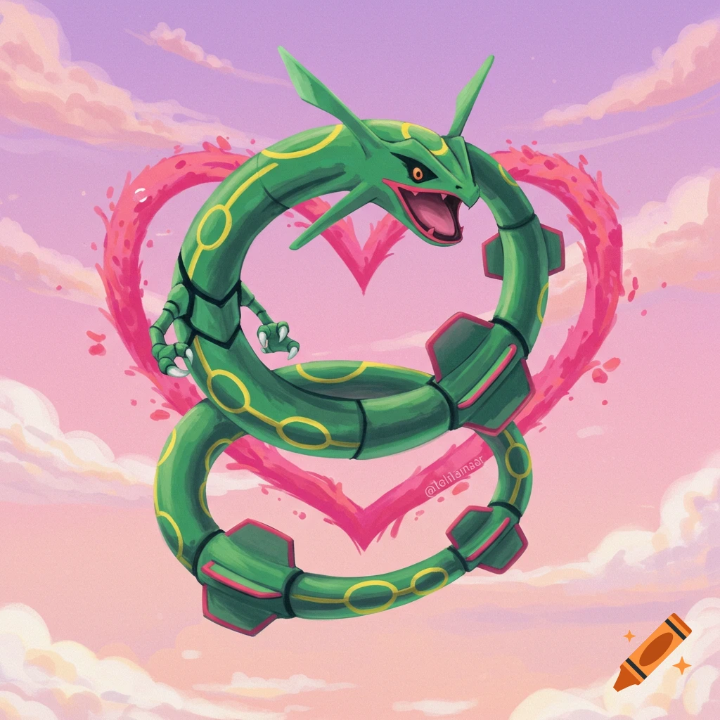 Rayquaza flying around a pink heart in a cloudy pink and purple sky ...