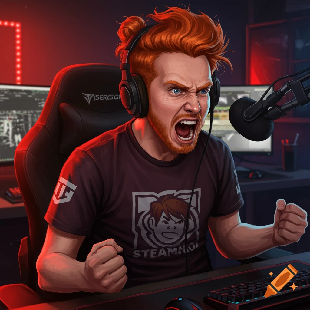Illustration of an angry streamer with headphones yelling at a computer ...