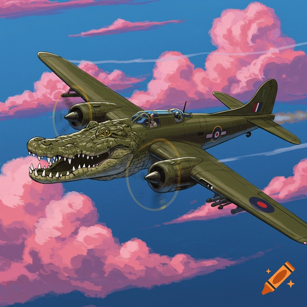 A cartoon illustration of an airplane with an alligator head flying ...