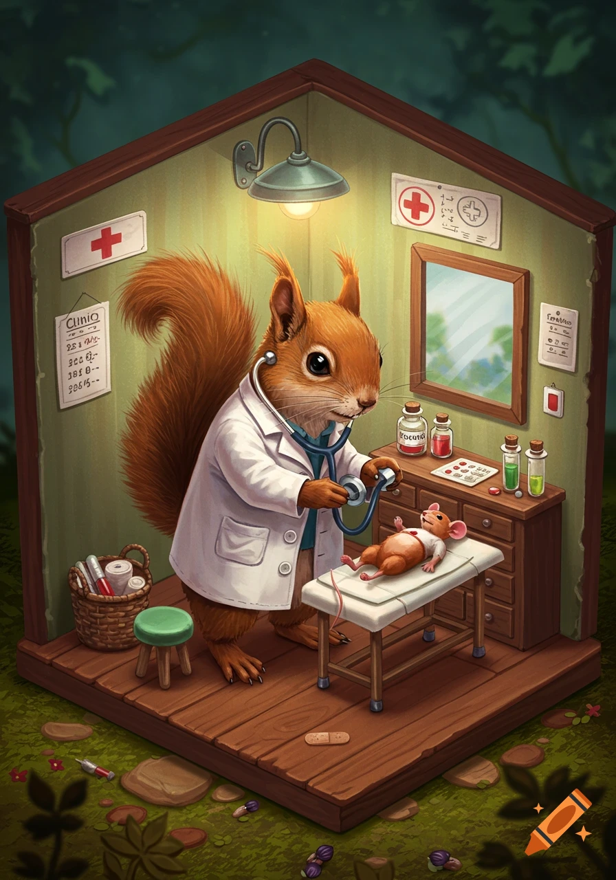 A squirrel doctor examines a mouse on a table in a small clinic. on Craiyon