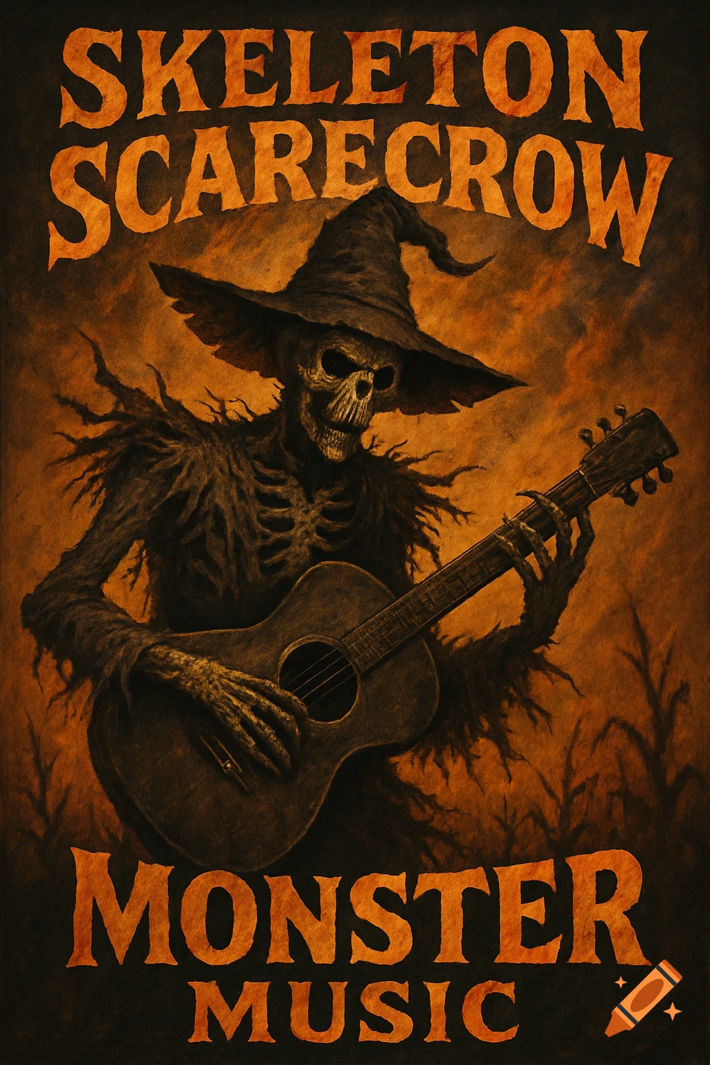 Painterly poster of a skeleton scarecrow playing a guitar, dark ...