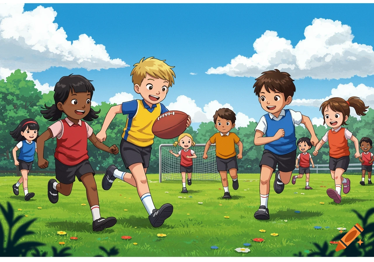 Cartoon illustration of diverse school children playing football on a ...