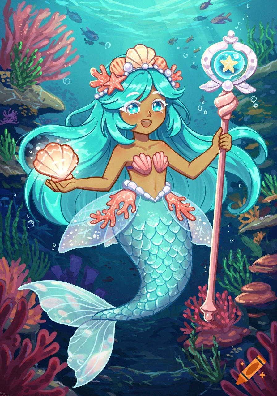 Cartoon mermaid with turquoise hair, holding a seashell and staff ...