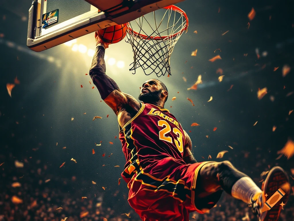 LeBron James dunks a basketball during a game with confetti falling ...