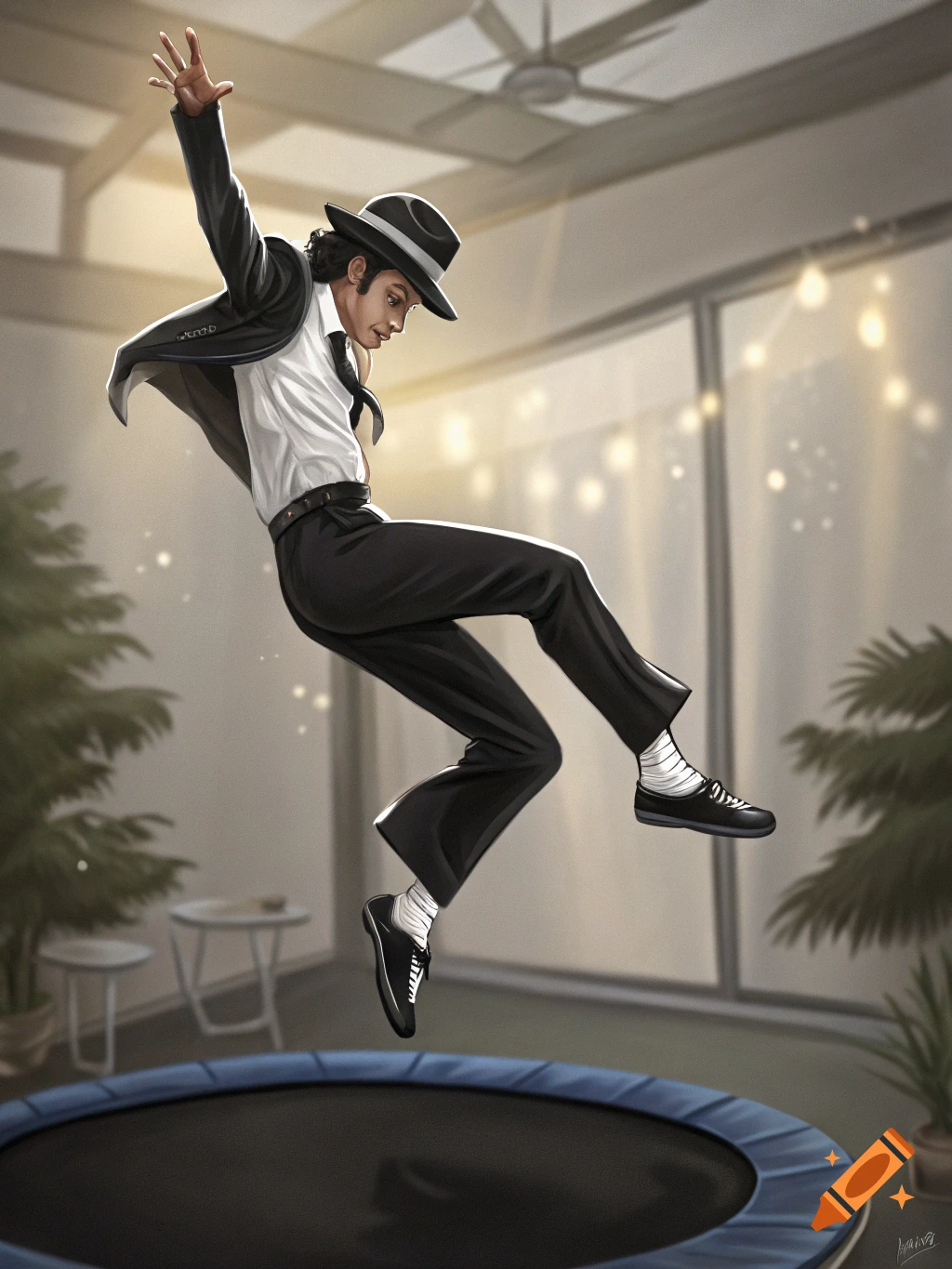 Michael Jackson jumps high on a trampoline indoors. on Craiyon