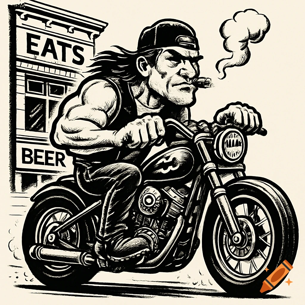 Black and white illustration of a muscular biker on a motorcycle ...