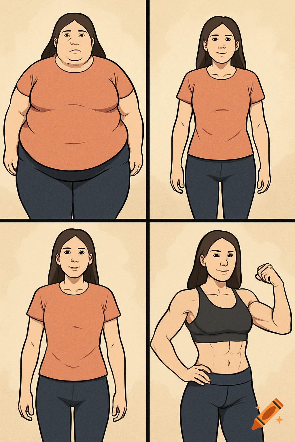 Four-panel comic illustration showing a woman's body transformation ...