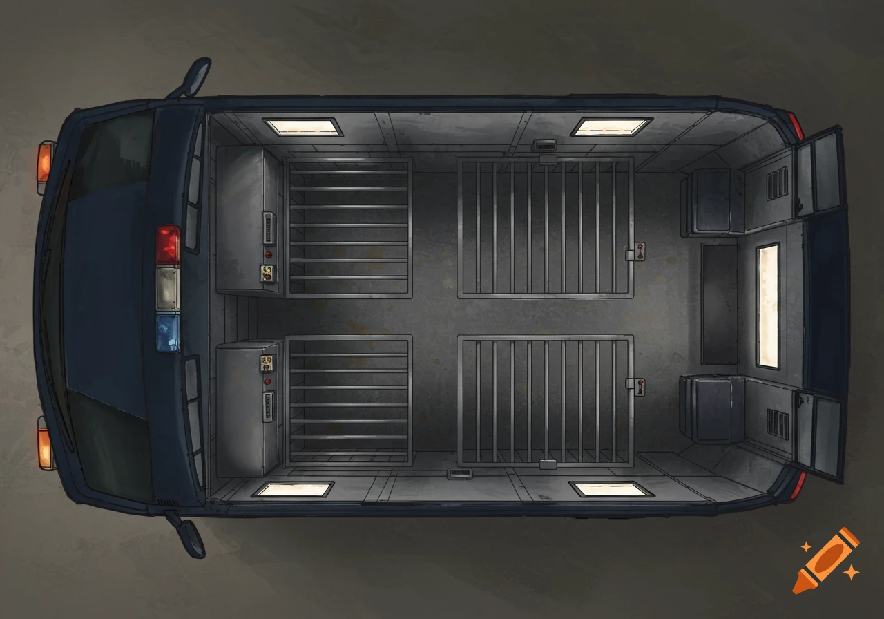 Top-down view of a police prison transport van interior with two metal ...