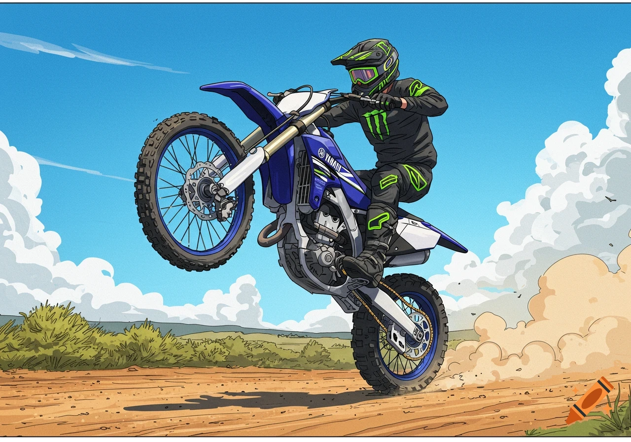 Cartoon illustration of a dirt bike rider doing a wheelie on Craiyon