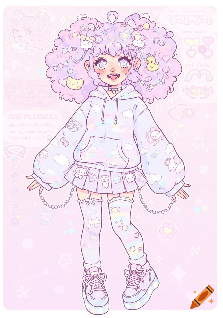 Pastel anime character design sheet of a girl with fluffy hair and ...