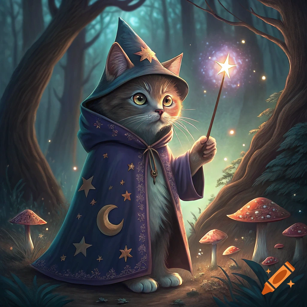 A wizard cat in a dark forest holds a glowing wand, surrounded by ...