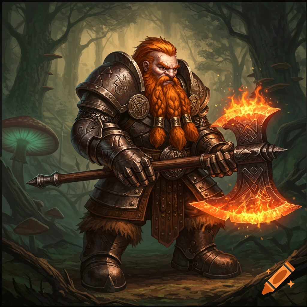 A red-haired dwarf warrior in ornate plate armor holds a flaming axe in ...