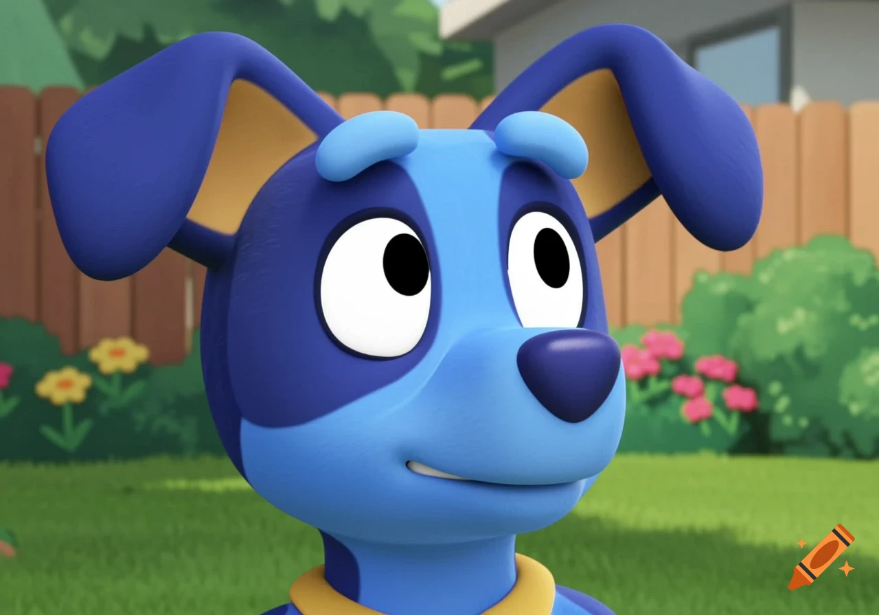 A close-up of a cartoon blue dog looking slightly upward in a green ...