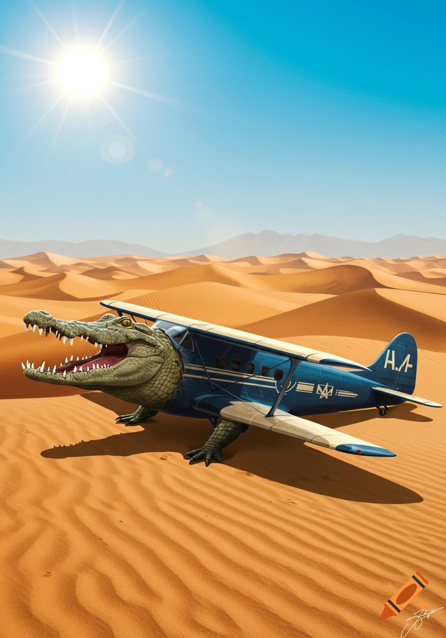 An alligator with a biplane body stands in a sunny desert landscape. on ...