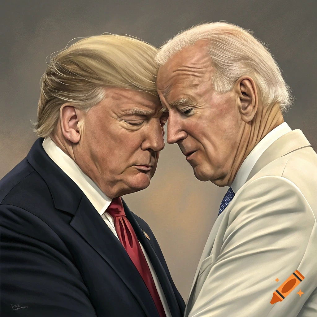 Realistic portrait of Donald Trump and Joe Biden with heads touching on ...