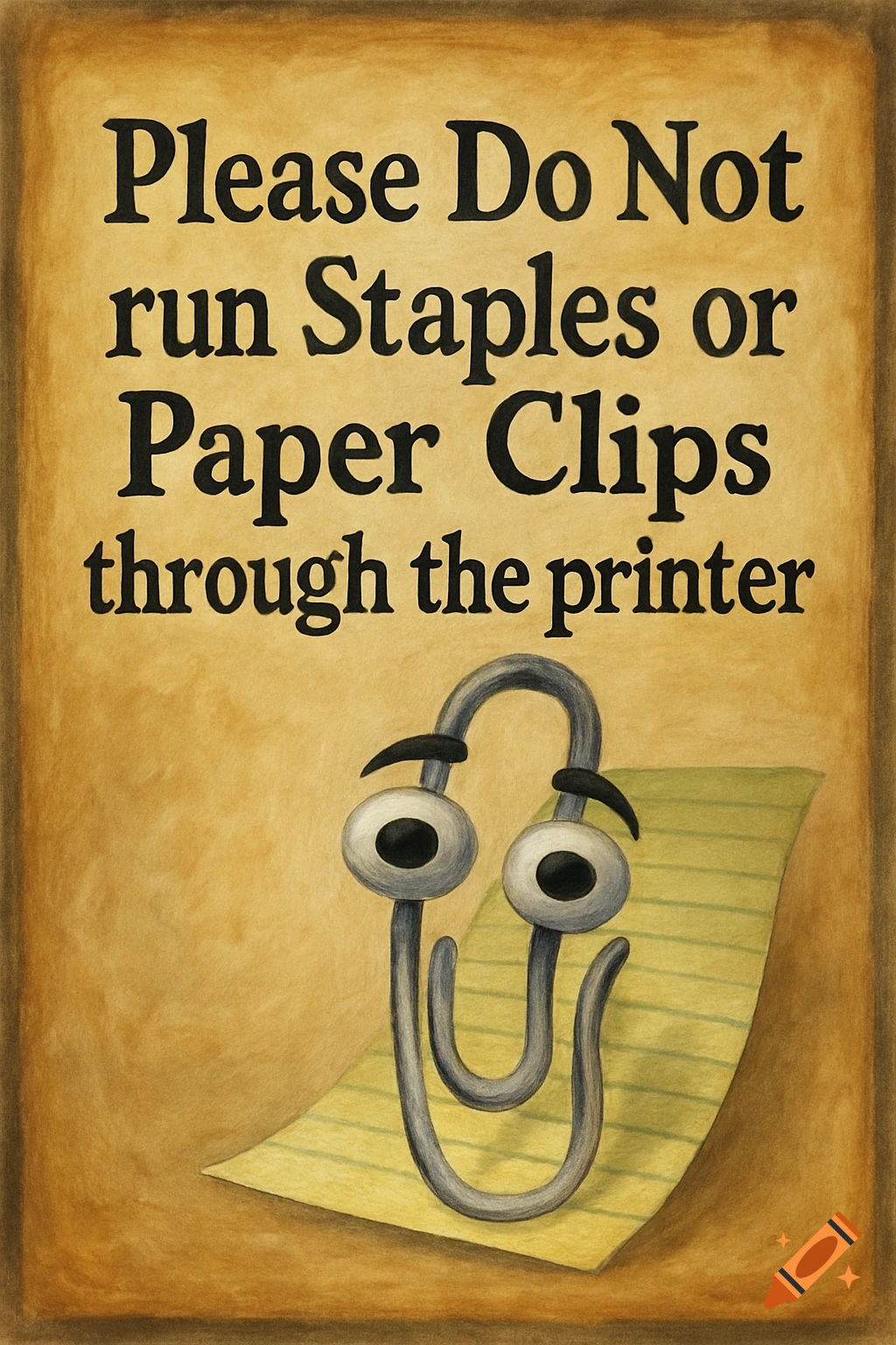 An illustrated sign with a cartoon paperclip character stating 'Please ...