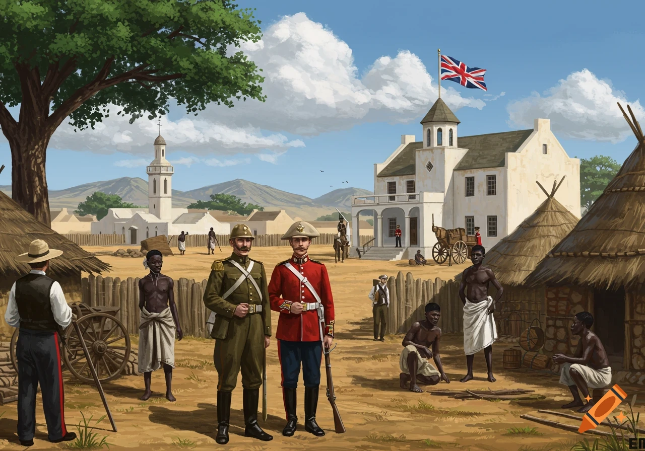 British soldiers and native people in a colonial South African setting ...