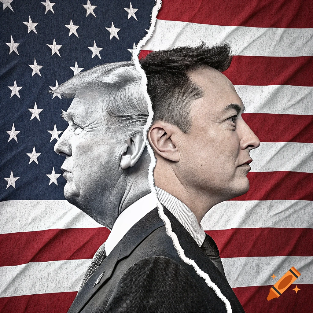 Torn American flag with profile portraits of Donald Trump on the left ...