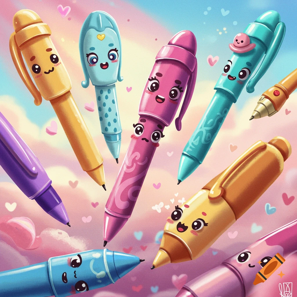 Colorful, smiling pens float in a sky with clouds and hearts. Cartoon ...