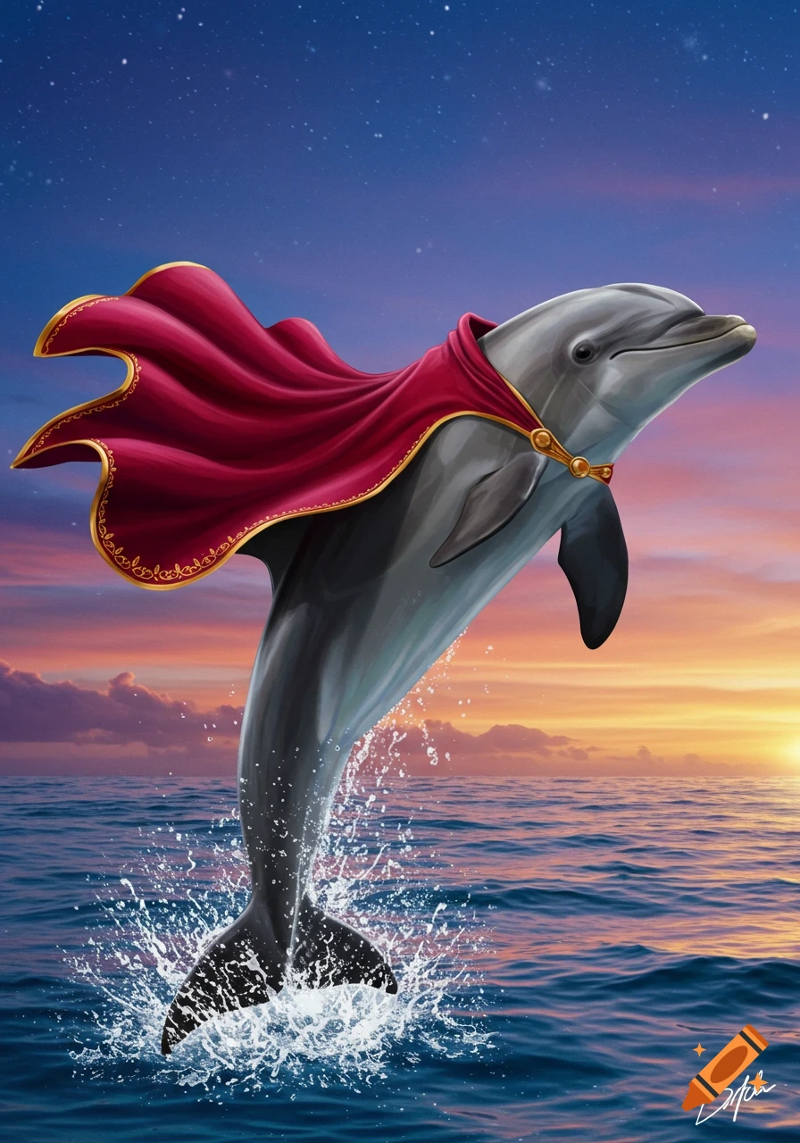 A dolphin wearing a red superhero cape jumps out of the ocean at sunset ...