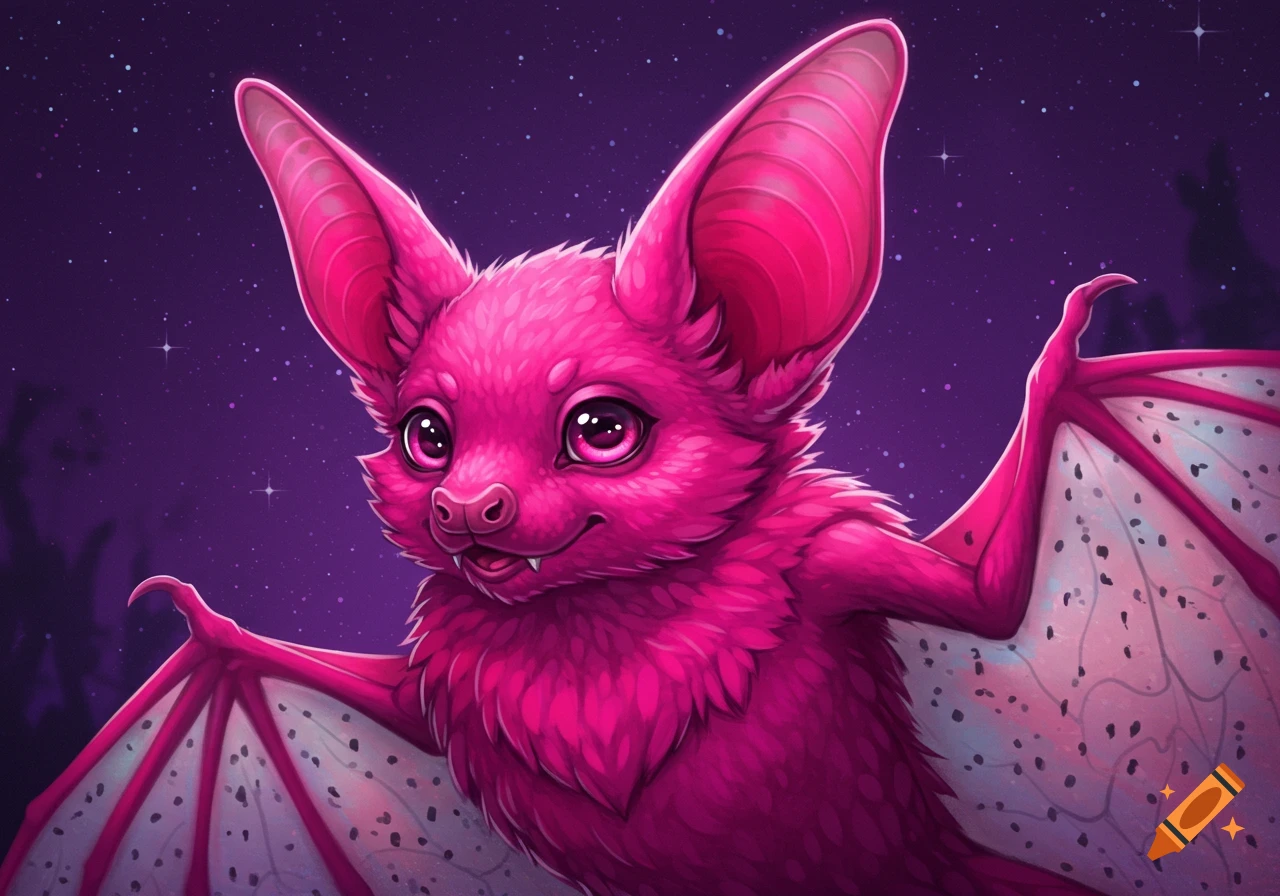 Cute pink dragonfruit bat with spotted wings against a starry night sky ...