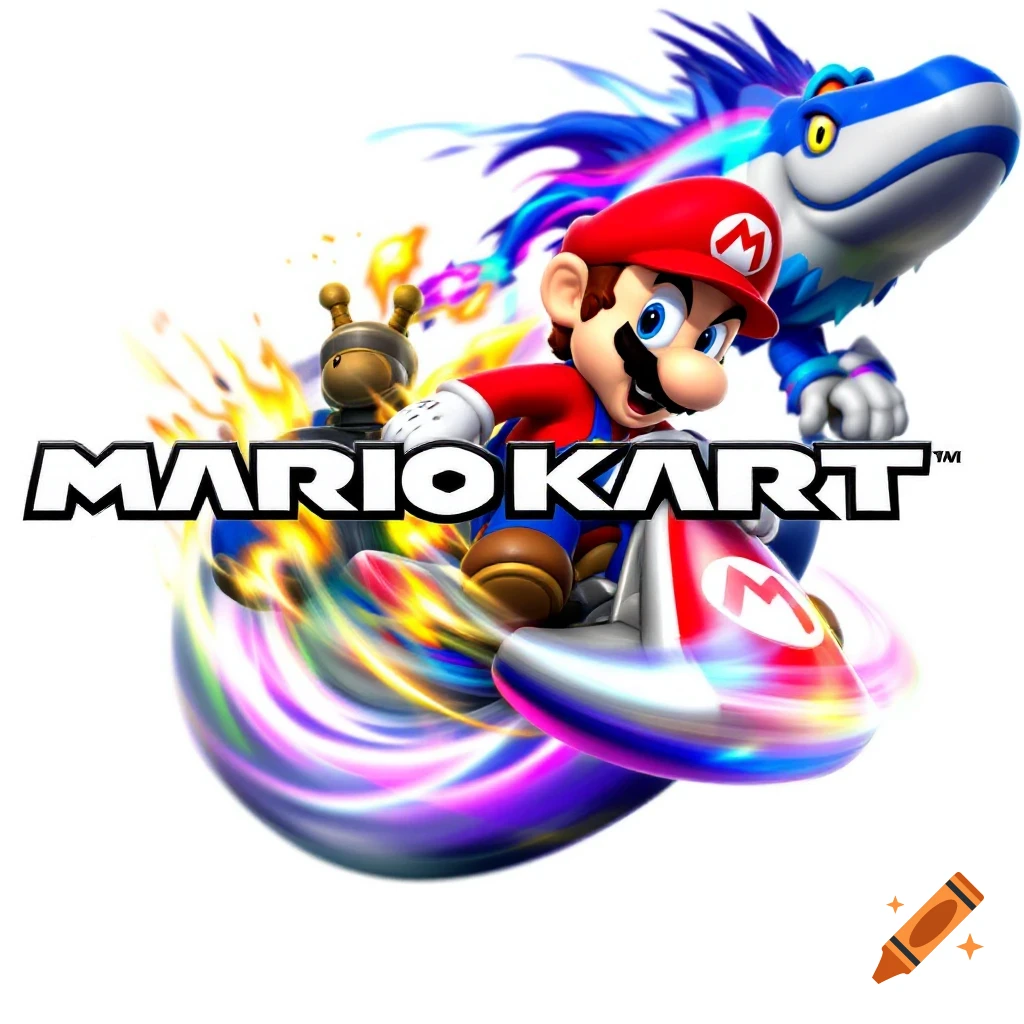 Mario and characters on a futuristic vehicle with colorful streaks and ...