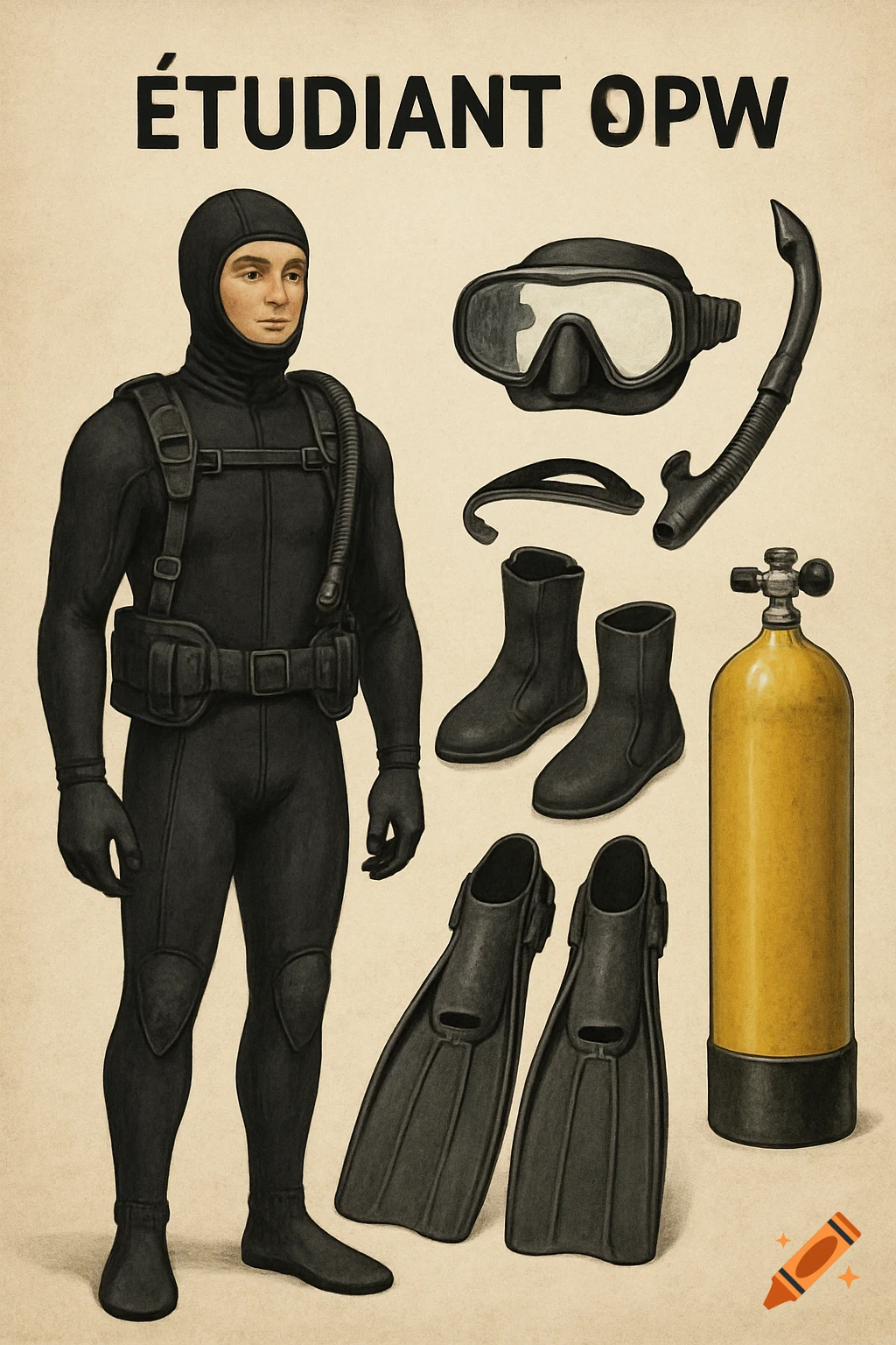 Illustration of a diving starter pack with a diver in a wetsuit and ...
