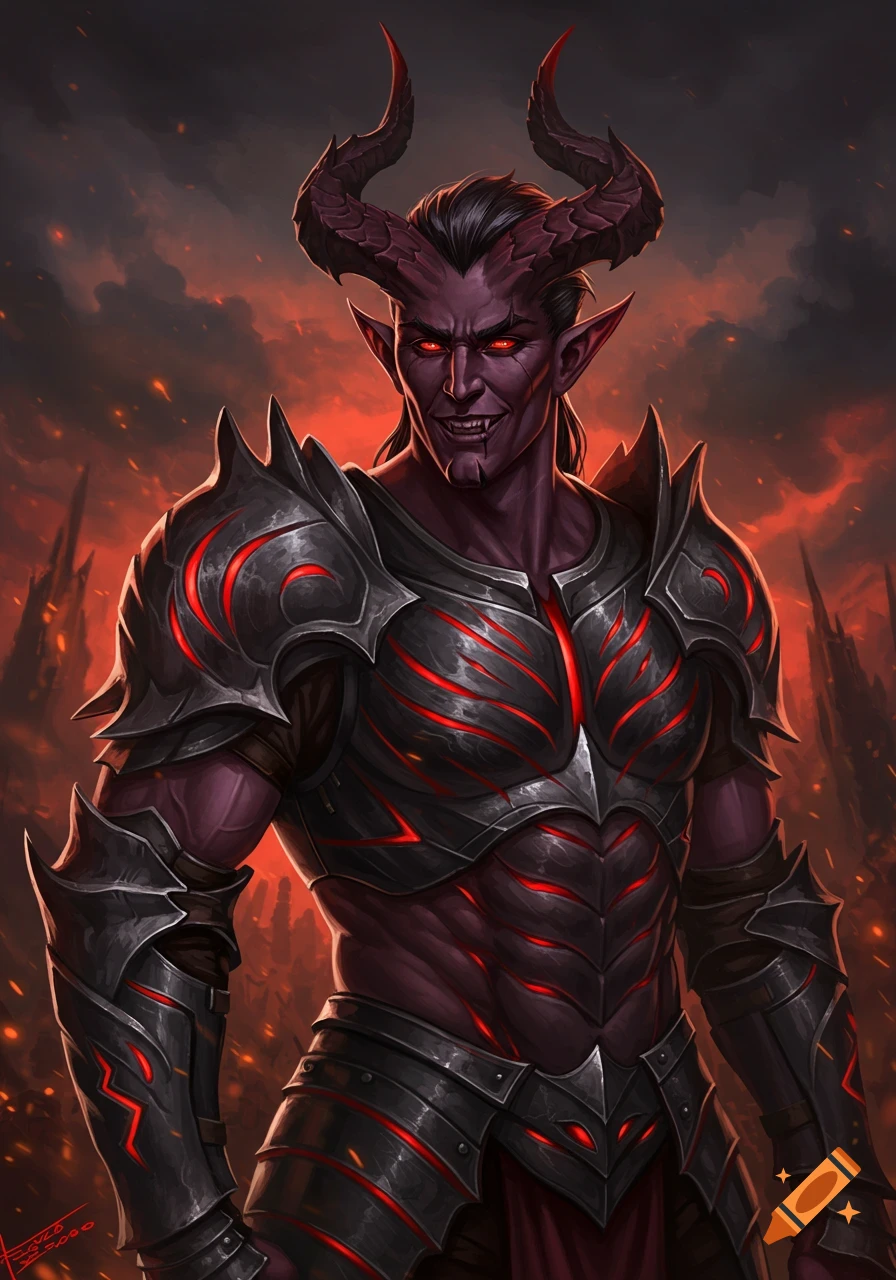Abyssal tiefling man with horns, red eyes, and sharp teeth, wearing ...