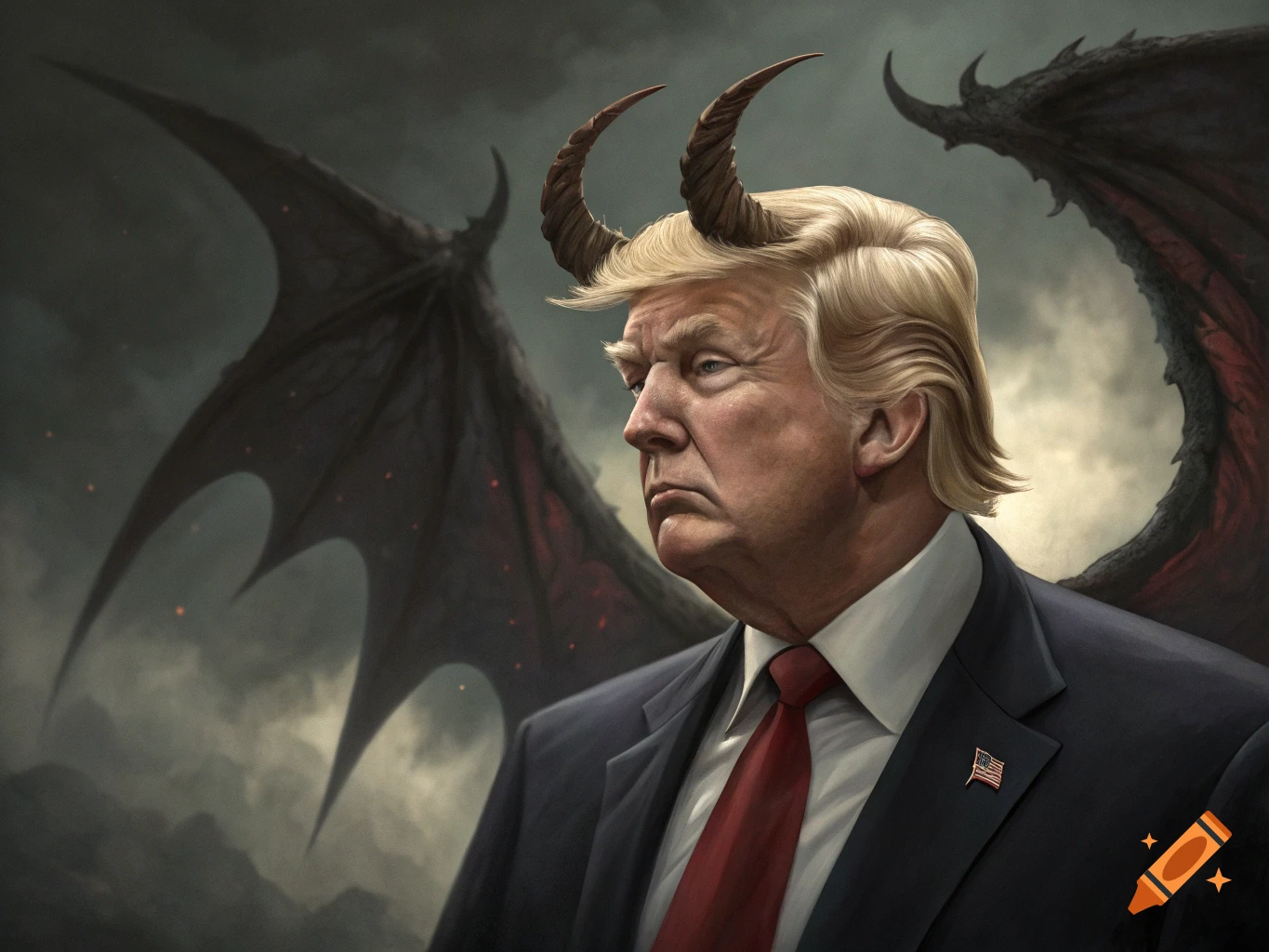 Illustration of Donald Trump with demon horns and dragon wings in a ...