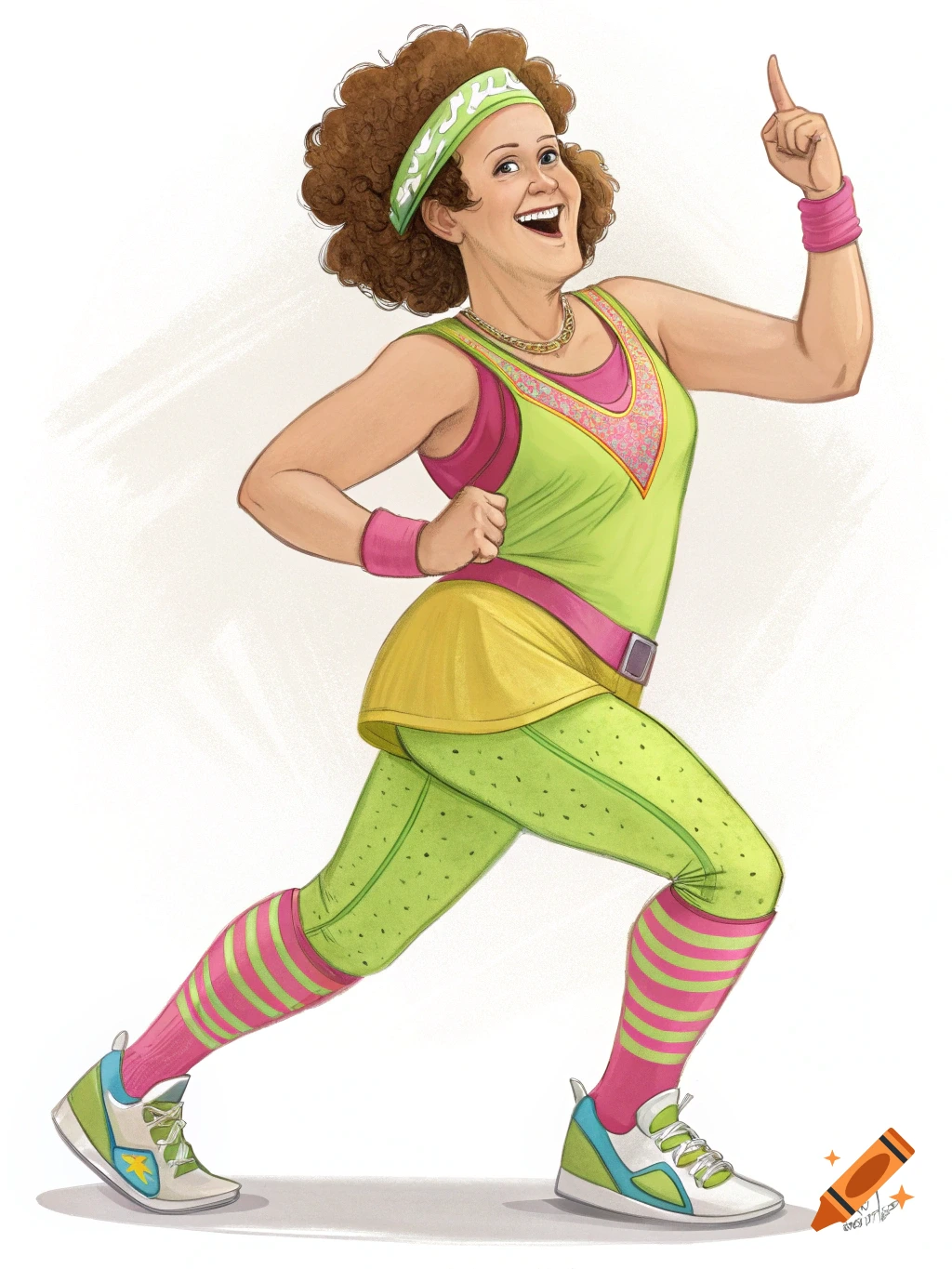 Illustration of a person in colorful 80s workout clothes doing an ...
