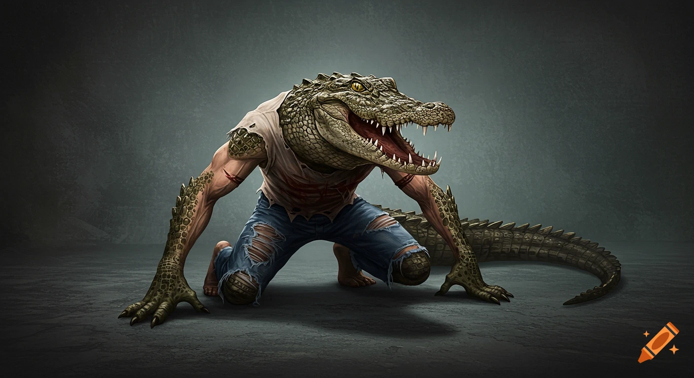 A humanoid alligator creature in torn clothes on all fours. on Craiyon