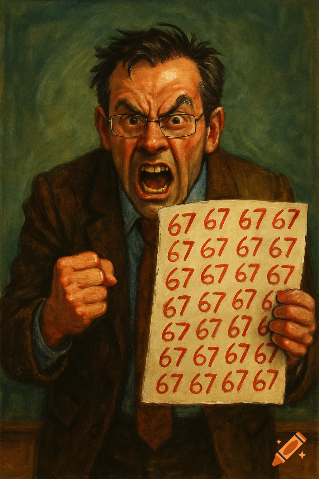 An Angry Teacher Wearing Glasses Holds Up A Paper Covered In The Number