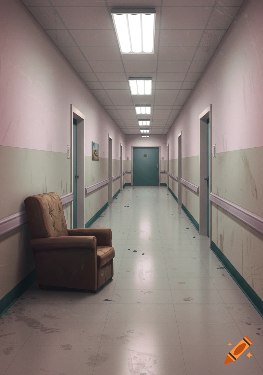 An empty, long, decaying corridor with dirty floor tiles, stained walls ...