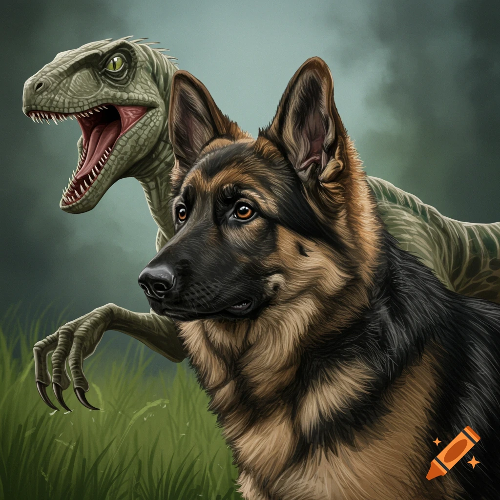 Illustration of a German Shepherd dog and a velociraptor standing together. on Craiyon
