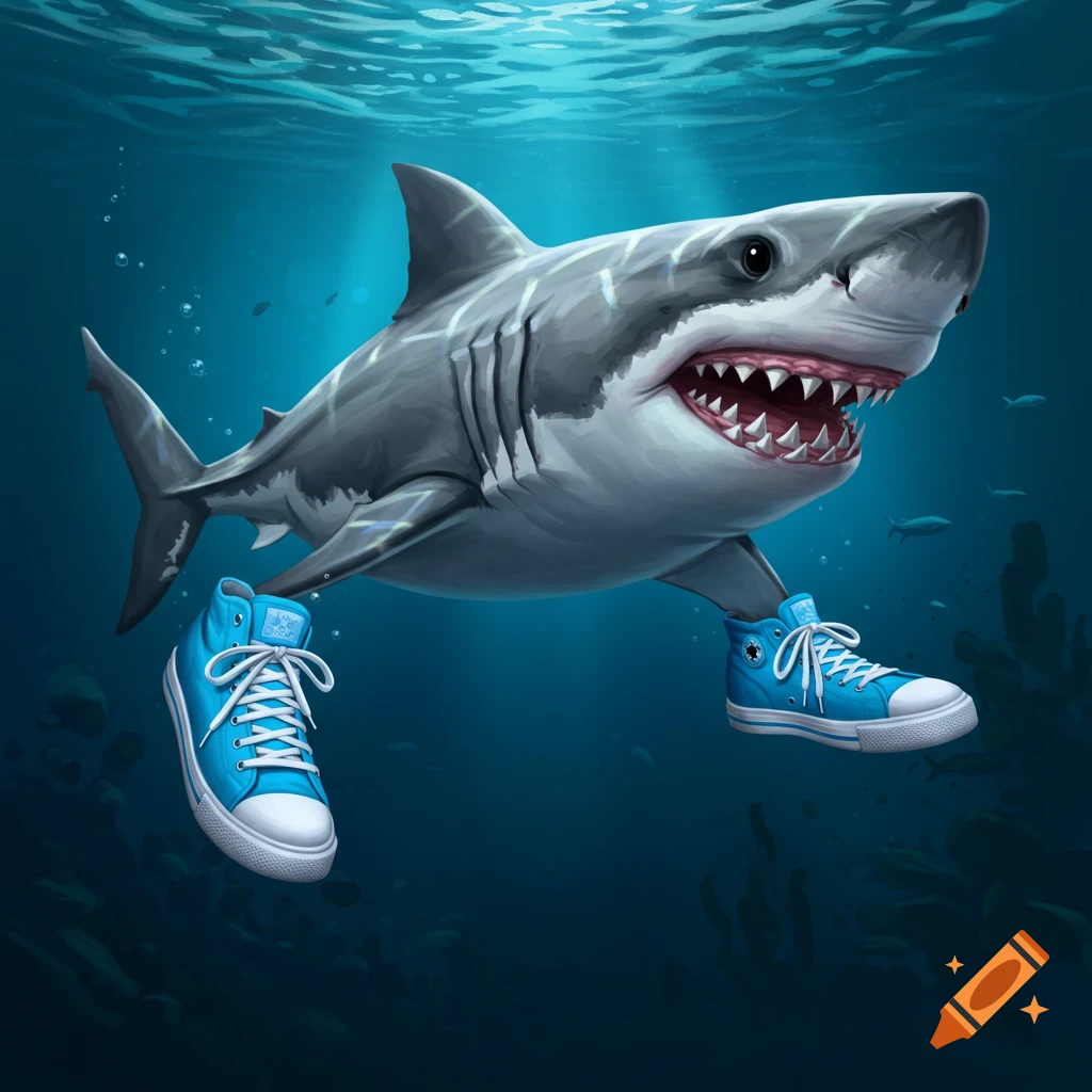 Illustration of a shark swimming underwater wearing blue high-top ...