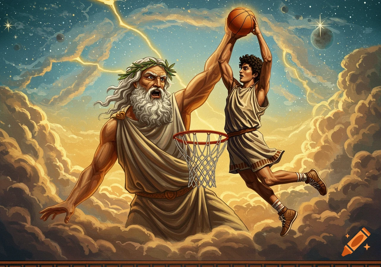 Giant Zeus reacts as Telemachus dunks a basketball in a dramatic sky ...