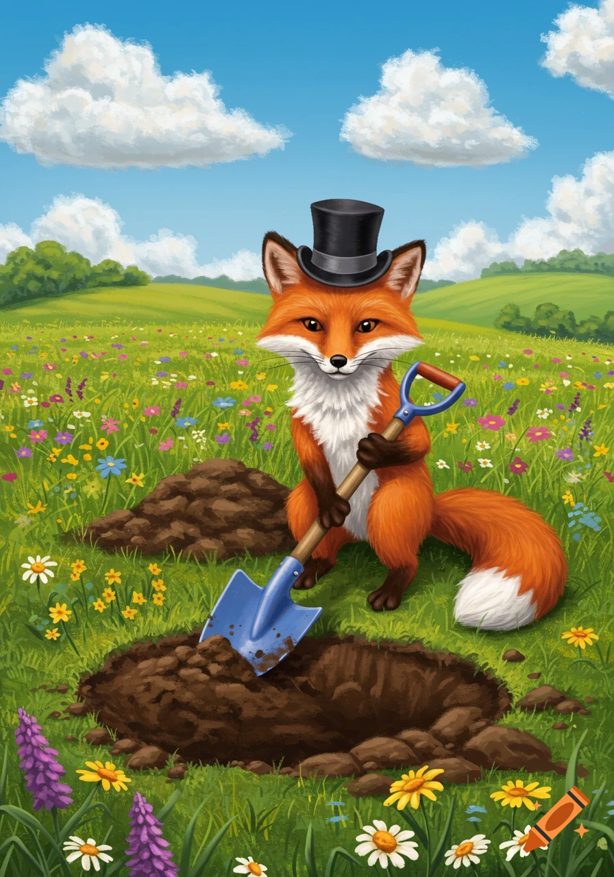 Cartoon fox wearing a top hat digging a hole in a field with a shovel ...