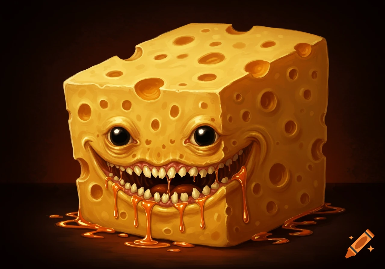Illustration of a scary block of cheese with sharp teeth and melting ...