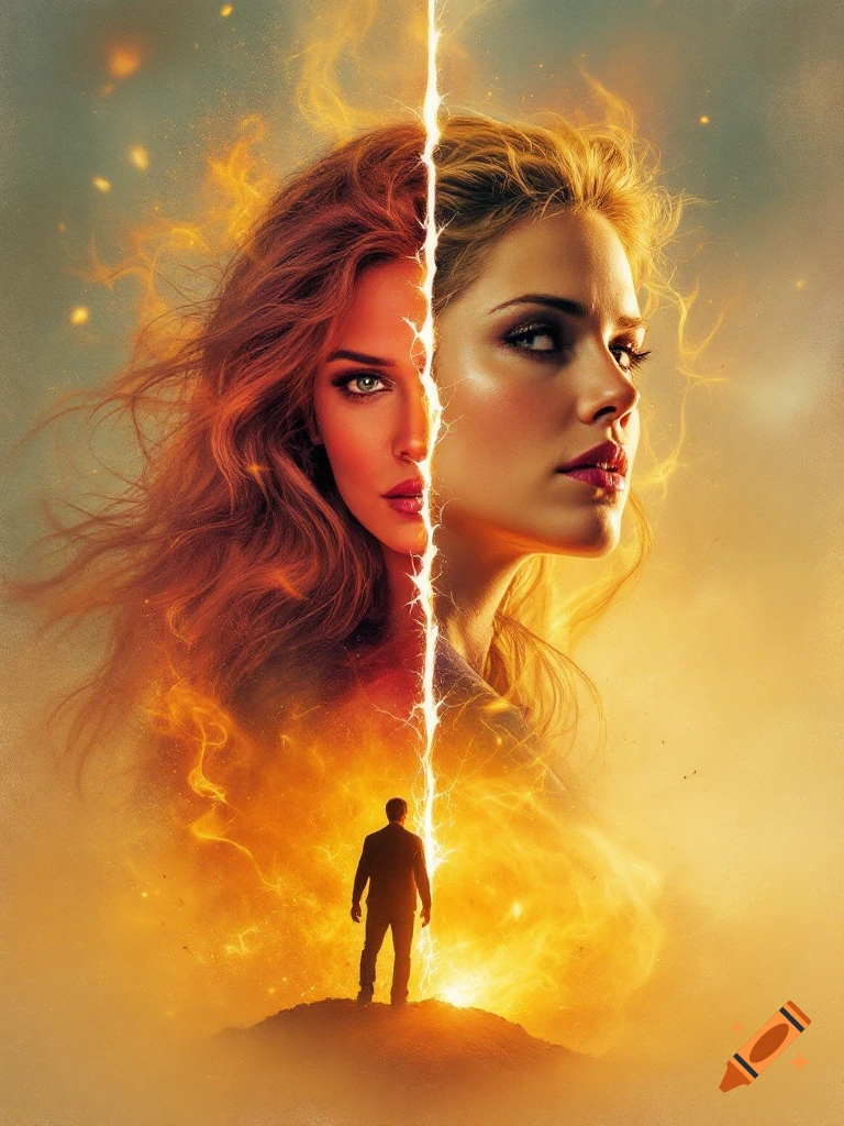 Two women's faces split by lightning and fire above a man on a hill. on ...