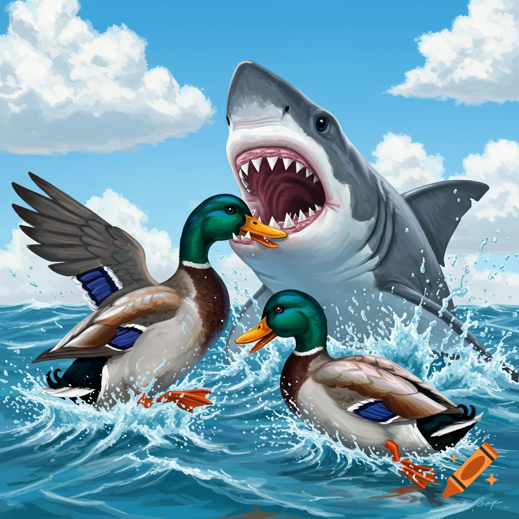 Illustration of two mallard ducks on the ocean surface with a great ...