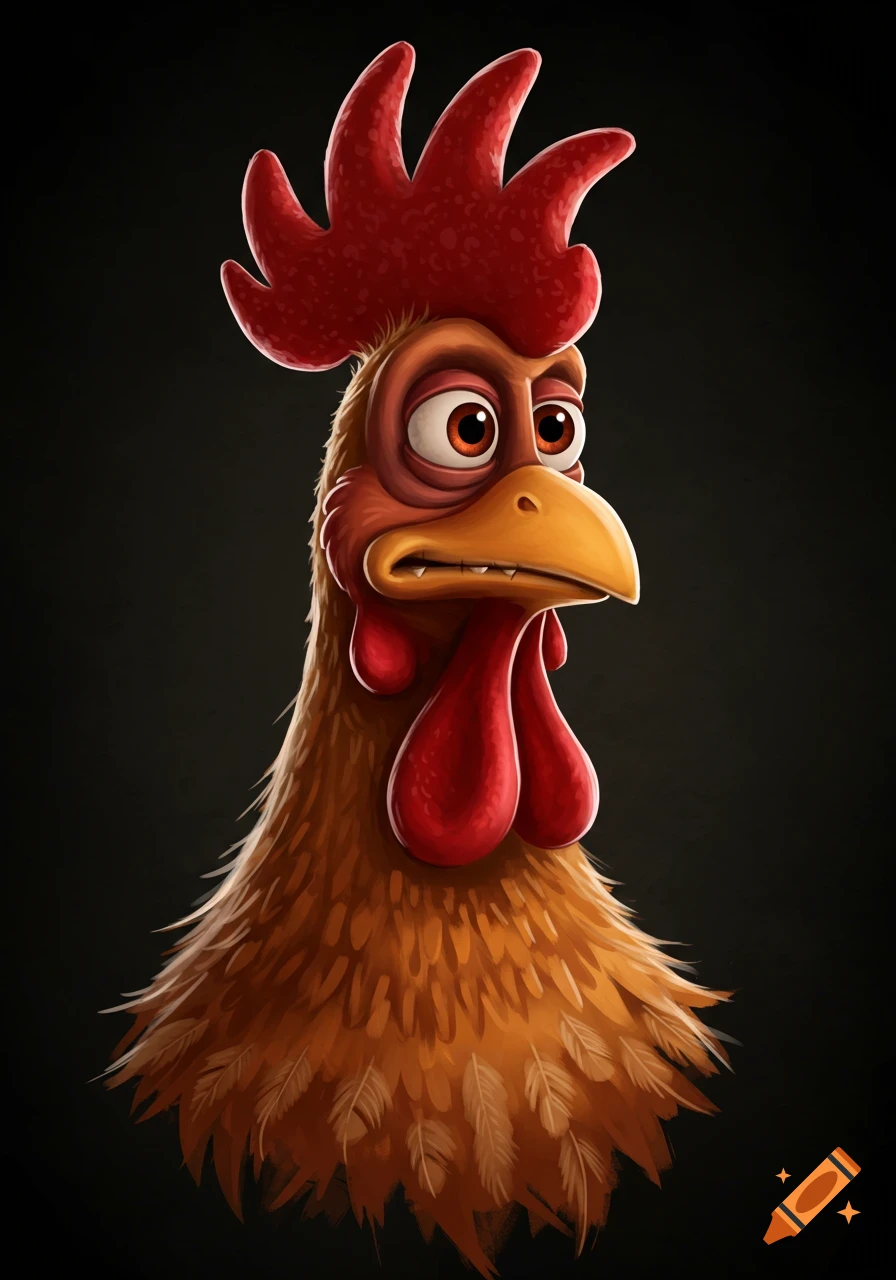 Stylized cartoon illustration of a rooster head with a worried ...