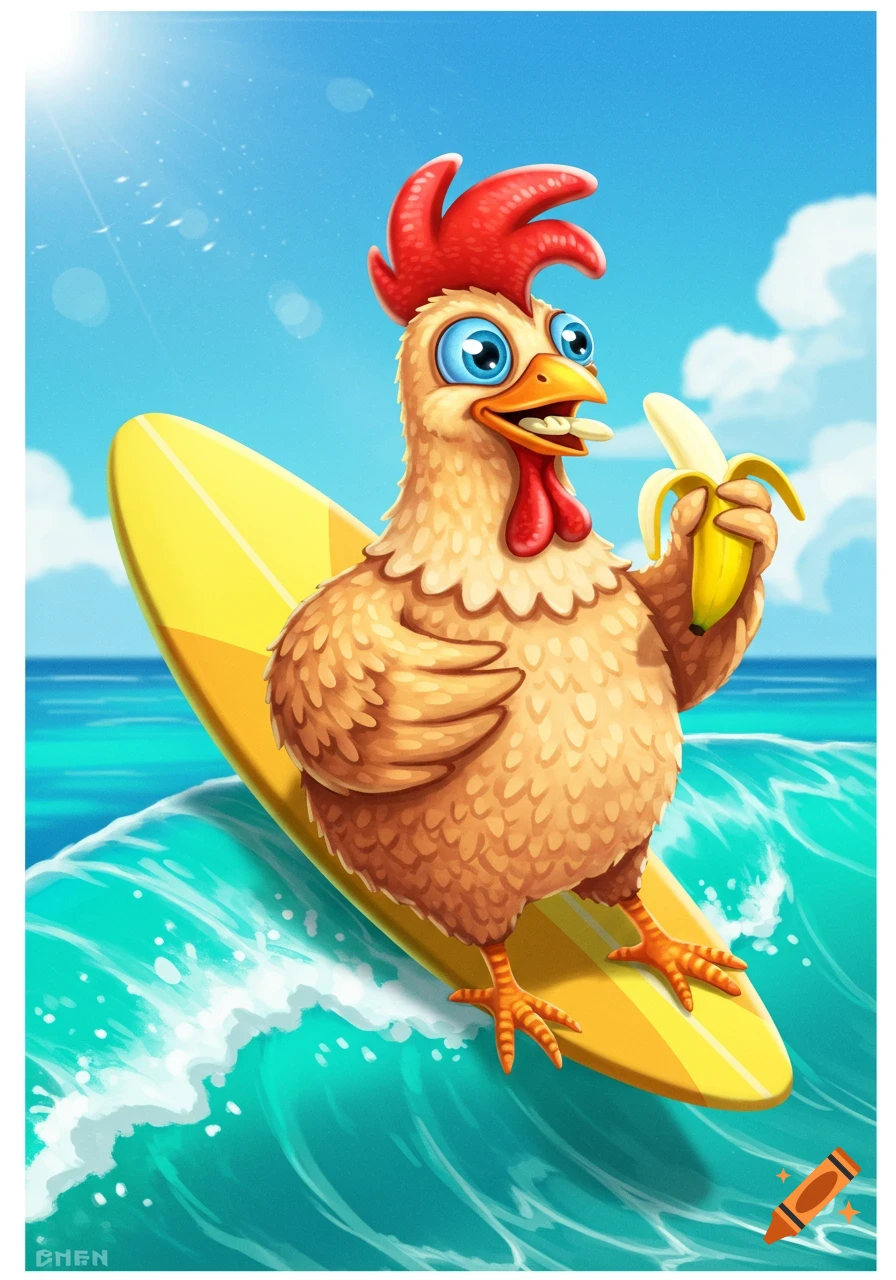 Cartoon chicken surfing on a yellow board and eating a banana on a ...