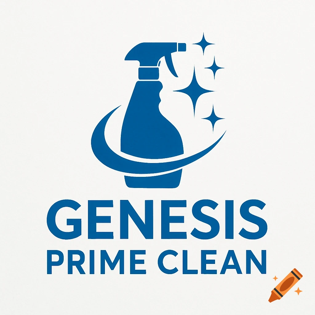 Blue logo with a spray bottle, stars, and the text GENESIS PRIME CLEAN ...