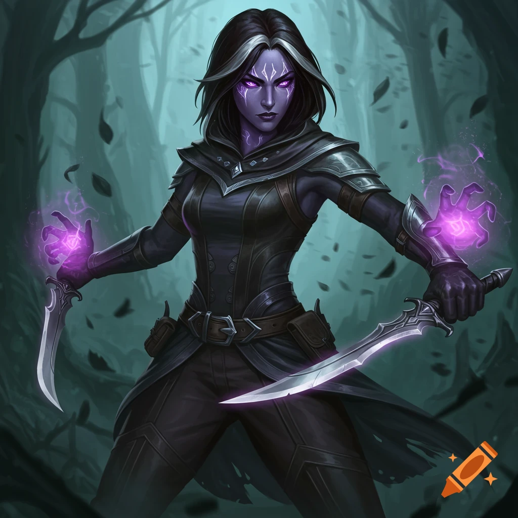 Female fantasy character, a rogue or warrior, with glowing purple eyes ...