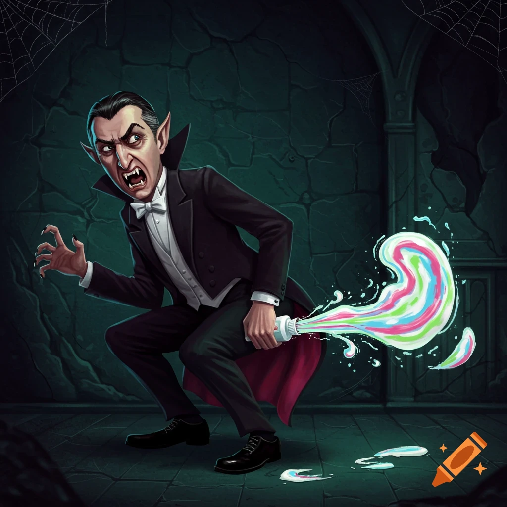 Cartoon Dracula extruding rainbow toothpaste from a tube. on Craiyon