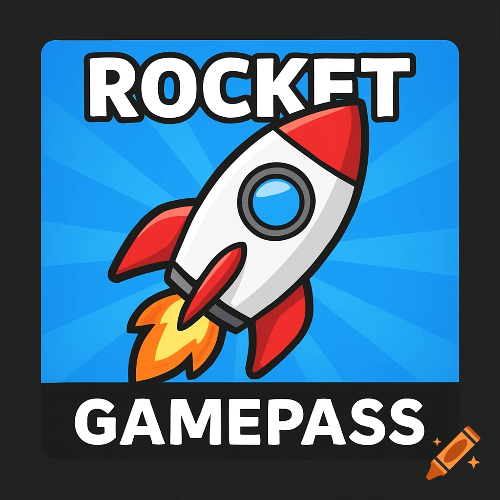 Cartoon illustration of a rocket blasting off with text ROCKET GAMEPASS ...