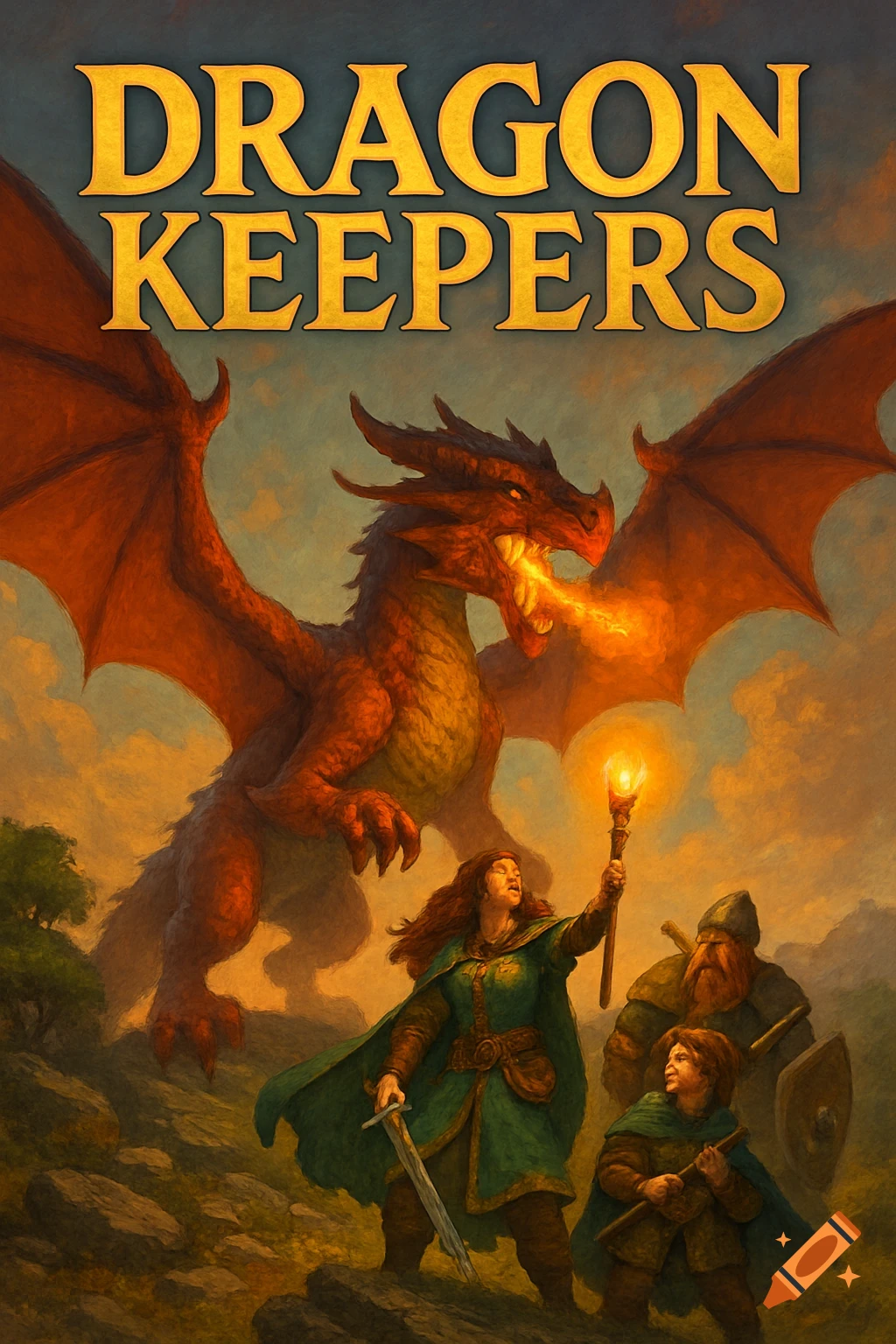 Fantasy painting of a red dragon above adventurers on a hill with 'DRAGON KEEPERS' title. on Craiyon