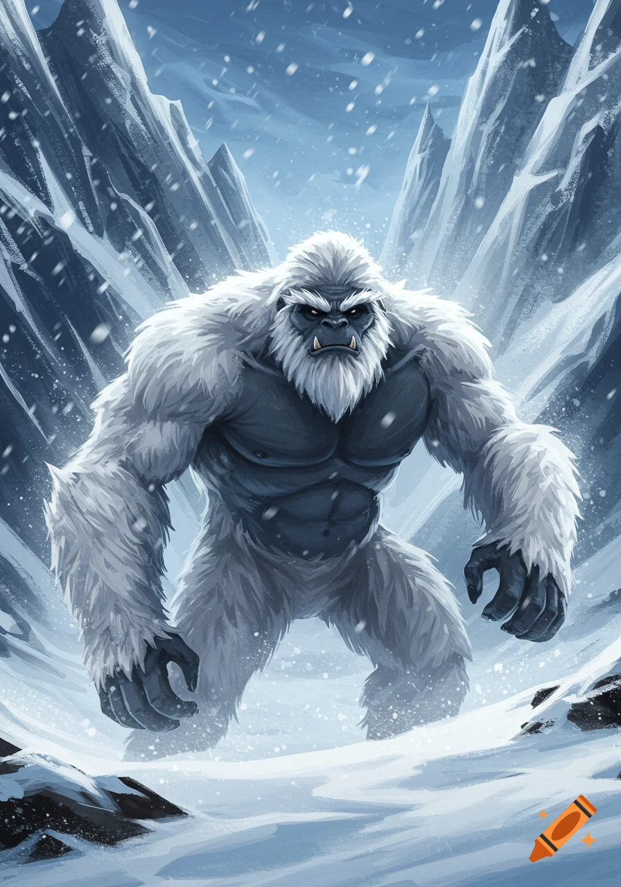 A large, white, muscular Yeti stands in a snowy mountain landscape as ...