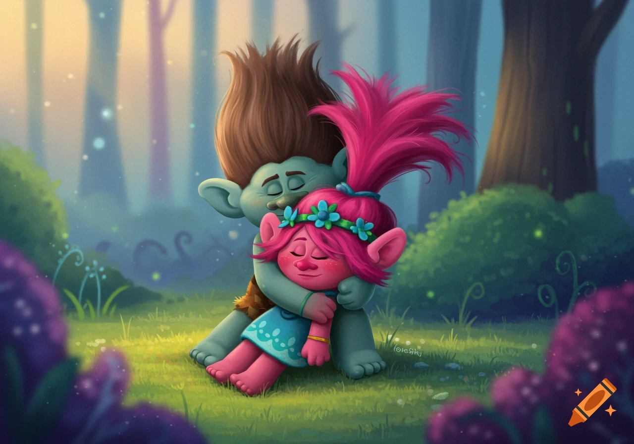 Illustration of Princess Poppy from Trolls sleeping in Branch's arms in ...
